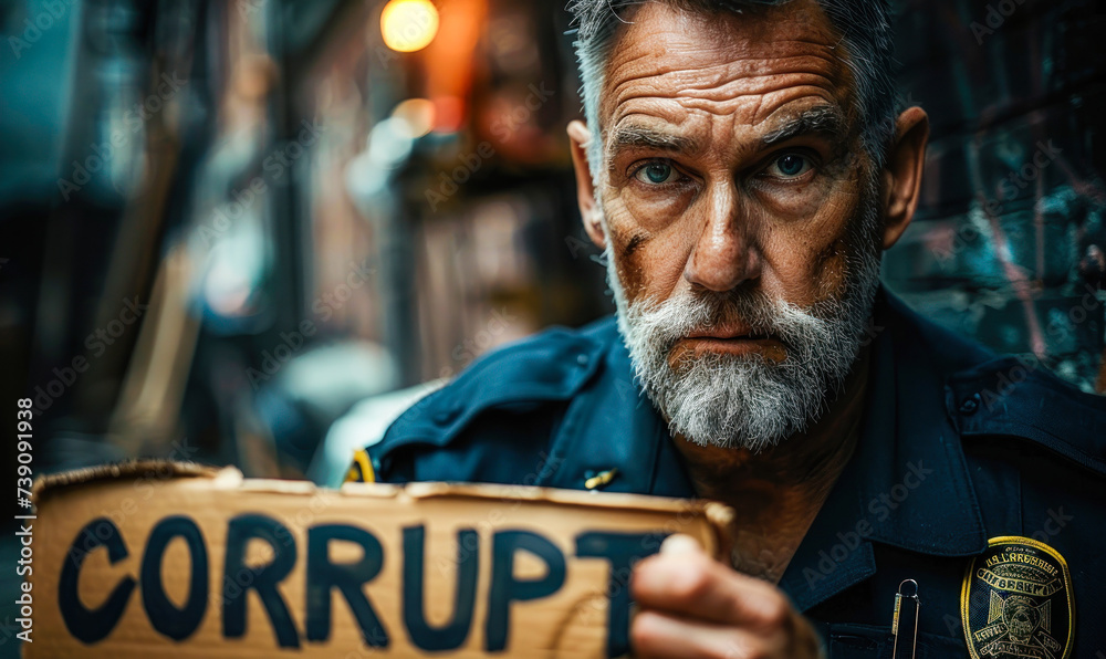 Stern faced police officer in uniform, symbolically holding a sign ...