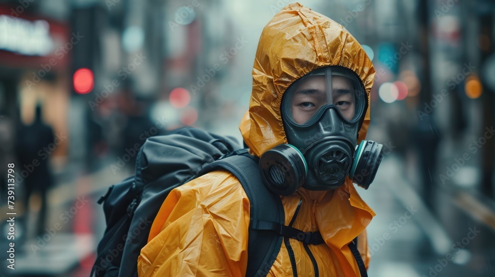 Man wearing bio hazard suits in on city streets due to pollution and ...