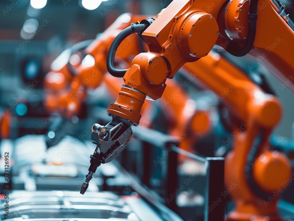 automatic system A robot arm is assembling car parts in a factory in ...