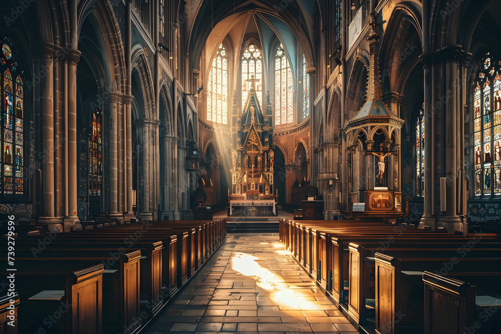 The sunlit aisle of an empty church with ornate architecture, leading ...