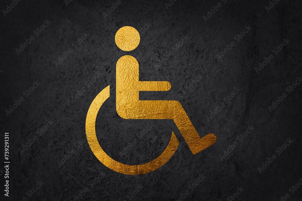 Golden symbol of disabled person on wheel chair with color gold square ...