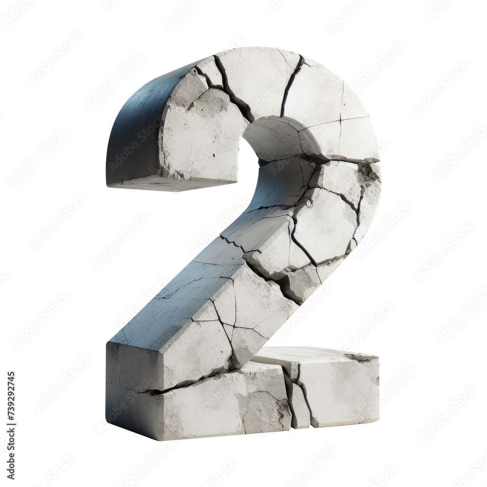 Number 2. Cracked apocalyptic number. 3D concrete old cracked numeral ...