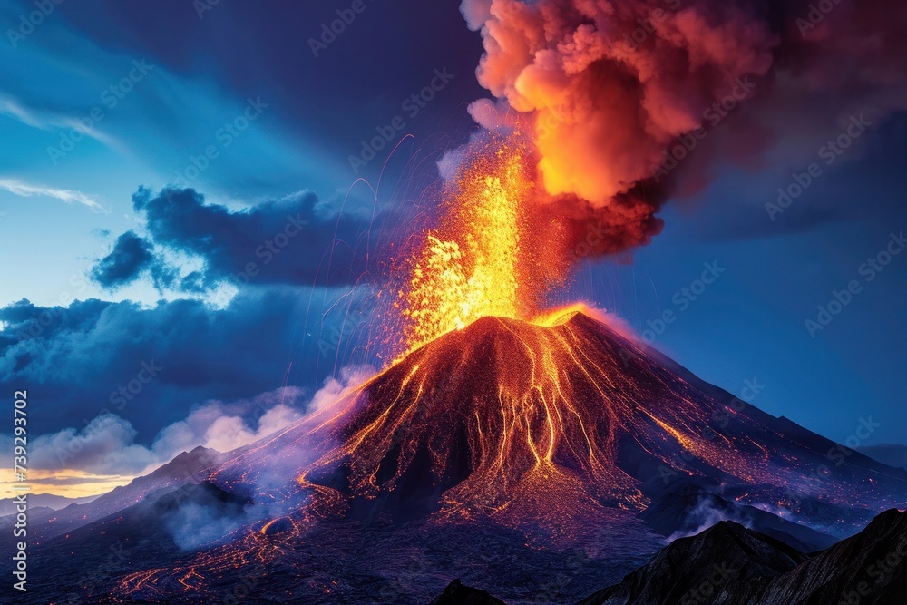 Volcanic chaos: molten lava spews from the crater, creating a striking ...