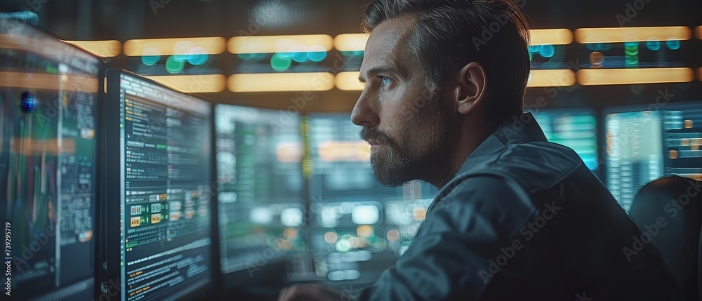A smart male IT programmer works on a desktop green mock-up screen ...