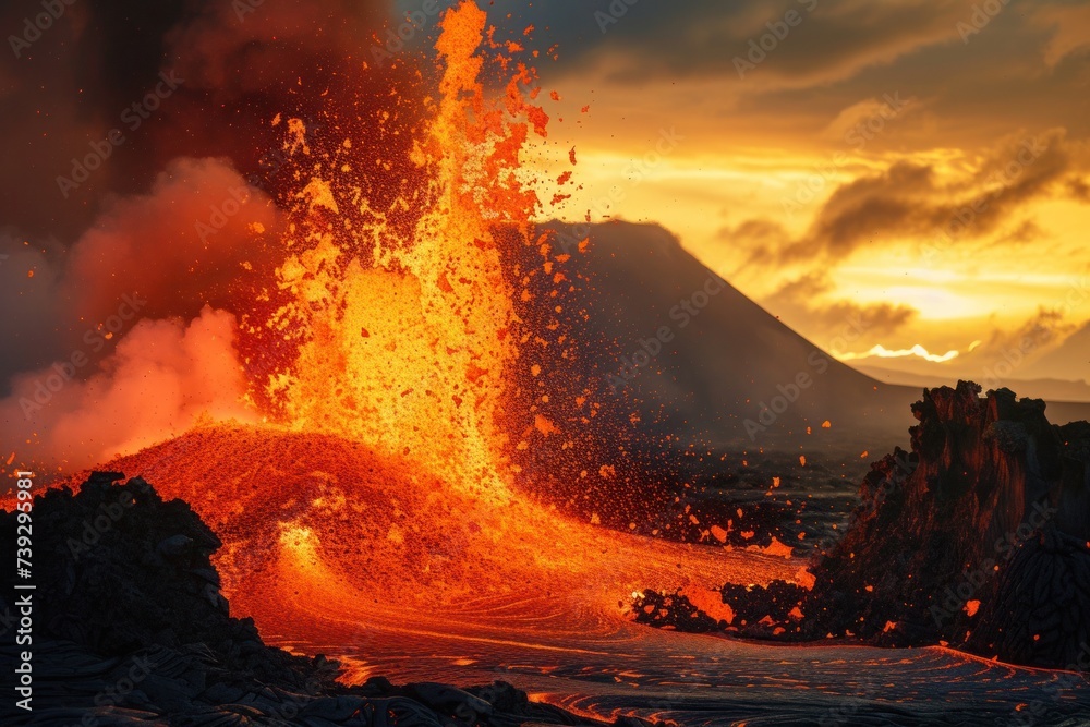 Volcanic chaos: molten lava spews from the crater, creating a striking ...