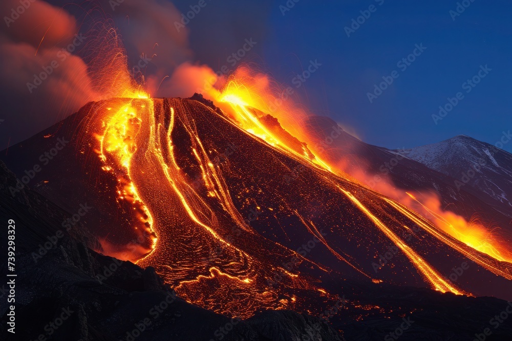Volcanic chaos: molten lava spews from the crater, creating a striking ...