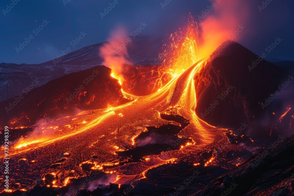 Volcanic chaos: molten lava spews from the crater, creating a striking ...