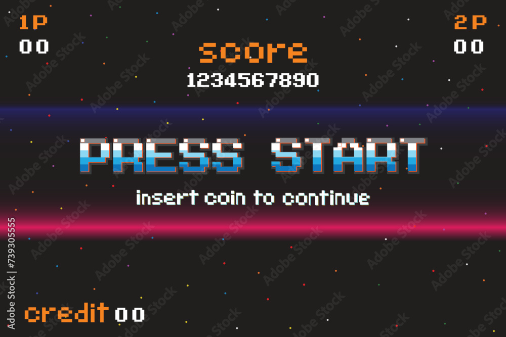 PRESS START INSERT A COIN TO CONTINUE .pixel art .8 bit game. retro ...