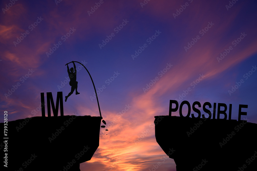 Mindset concept, Silhouette man jumping over impossible and possible ...
