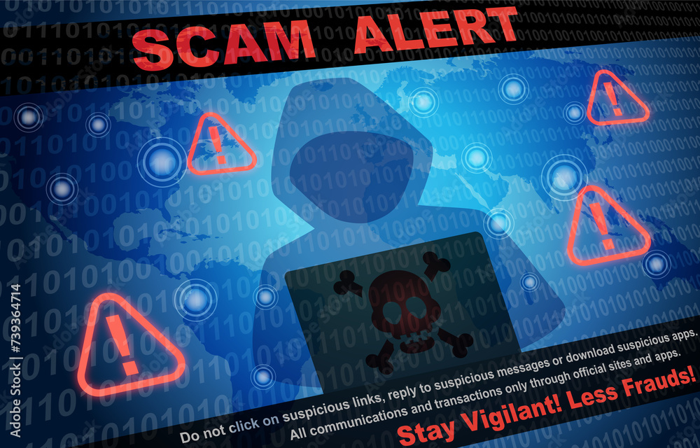 Scam Alert Background. Hacker and Cyber criminals phishing stealing private personal data, user ...
