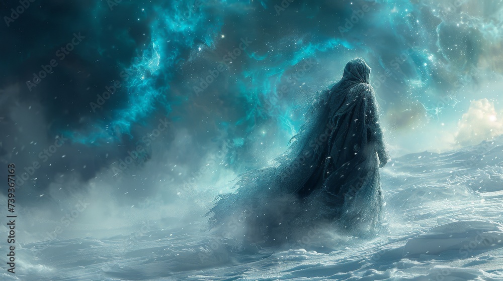 Cloaked form with a planetary nebula face wandering the frost covered ...