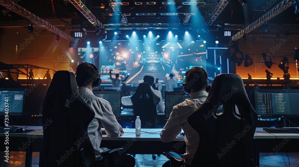 A professional esports team is focused on their monitors during a ...