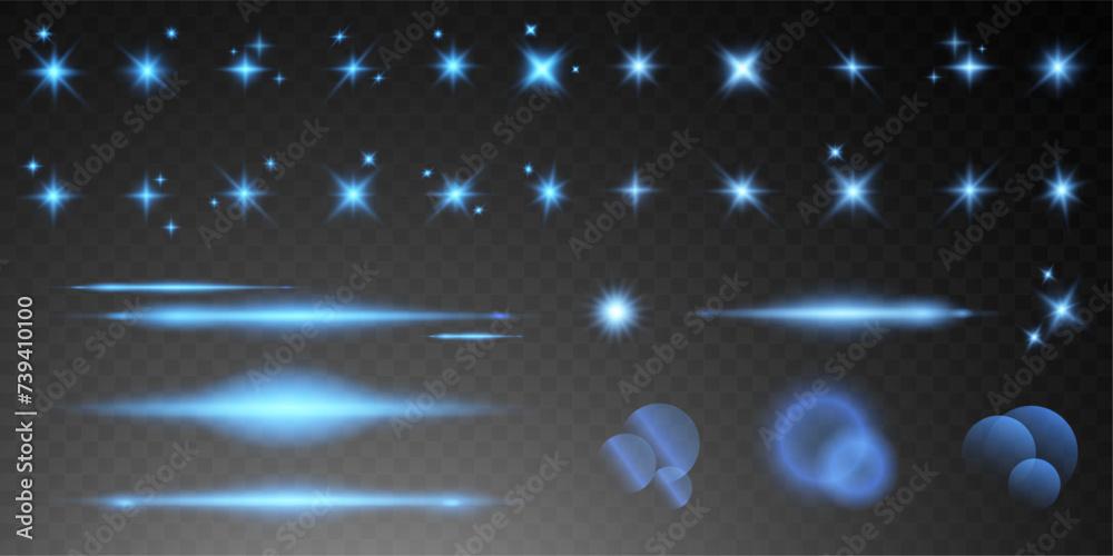 Set of realistic vector blue stars png. Set of vector suns png. Blue ...