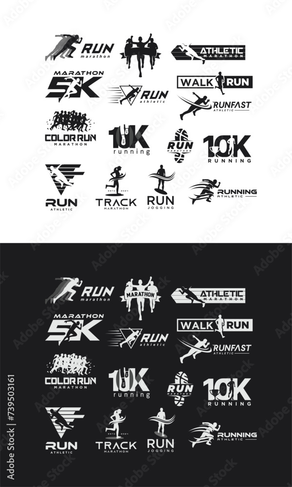 Set Of Black Silhouette Marathon Run Logo Template With Running People ...