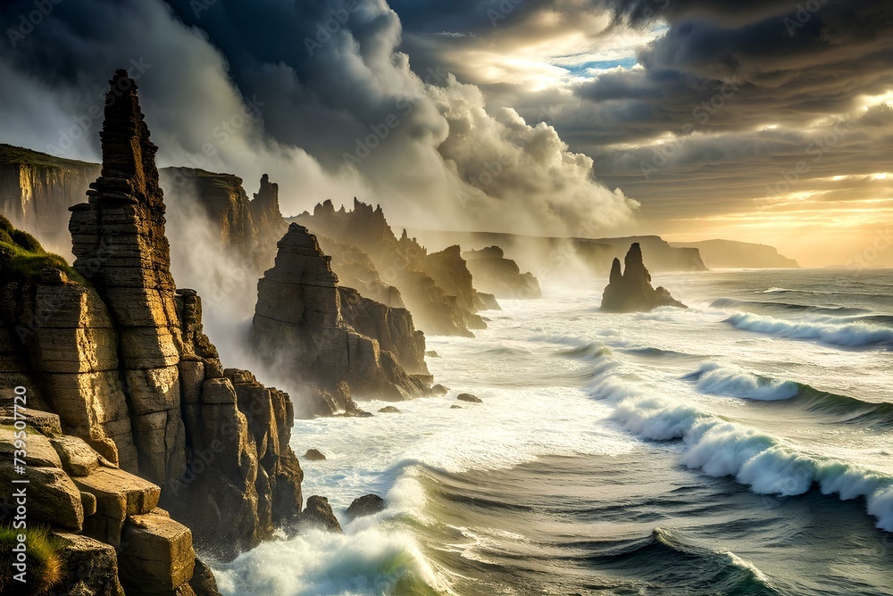 Windswept Coastal Cliff Scene with Jagged Rocks, Storm Brewing on the ...