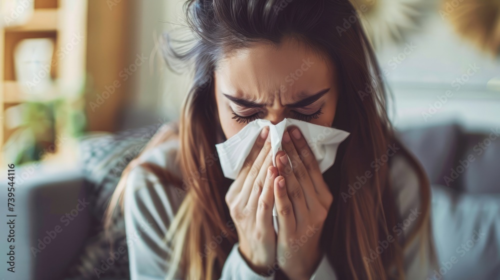 Tissue, nose and sick woman sneezing in living room with allergy, cold ...