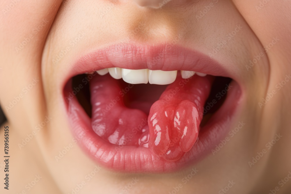 Close view of mouth showing inflamed tongue, indicating possible ...