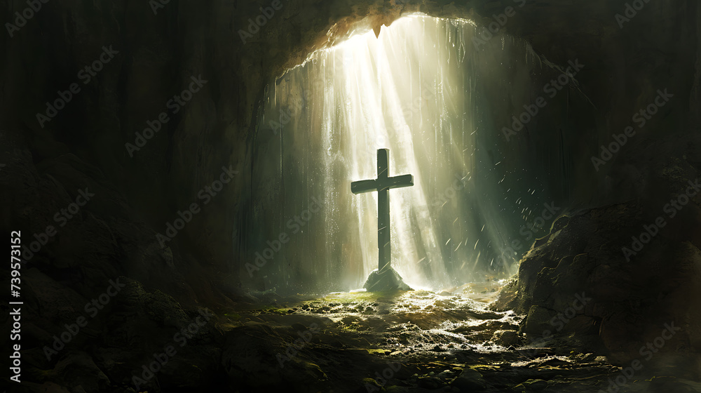 Cinematic banner of cross in the easter empty christian tomb in the ...