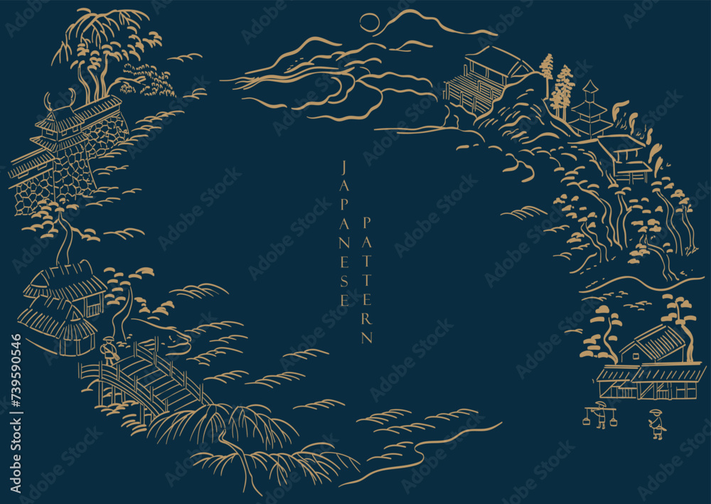 Blue Japanese background with Asian traditional icon vector. Cherry ...