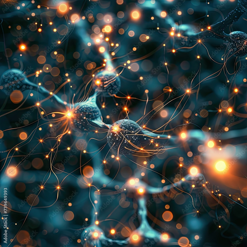 Vibrant orange and blue lights accentuate a digital illustration ...