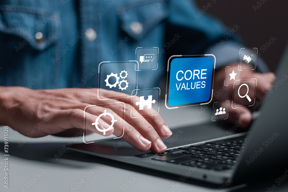 Core values responsibility ethics goals company concept. Person using ...