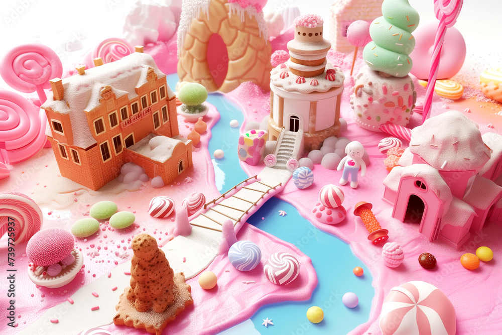 Cartoon fantasy candy land landscape gingerbread houses, ice cream ...