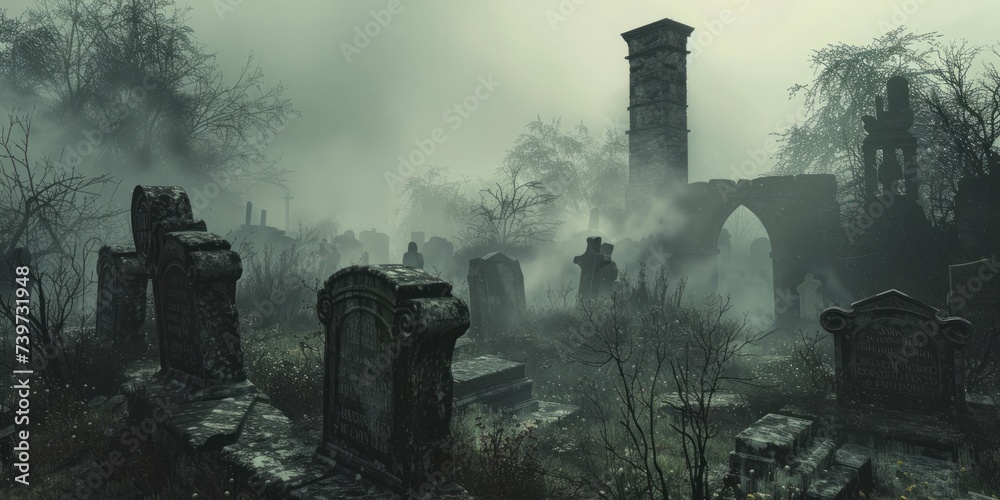 Wallpaper featuring a fog-enshrouded graveyard, where faint outlines of ...