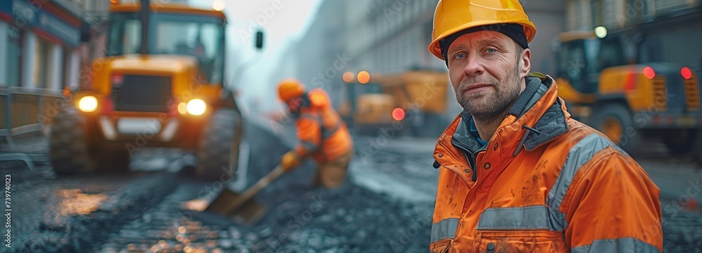 Road construction workers using shovels to mix asphalt Stock Photo ...