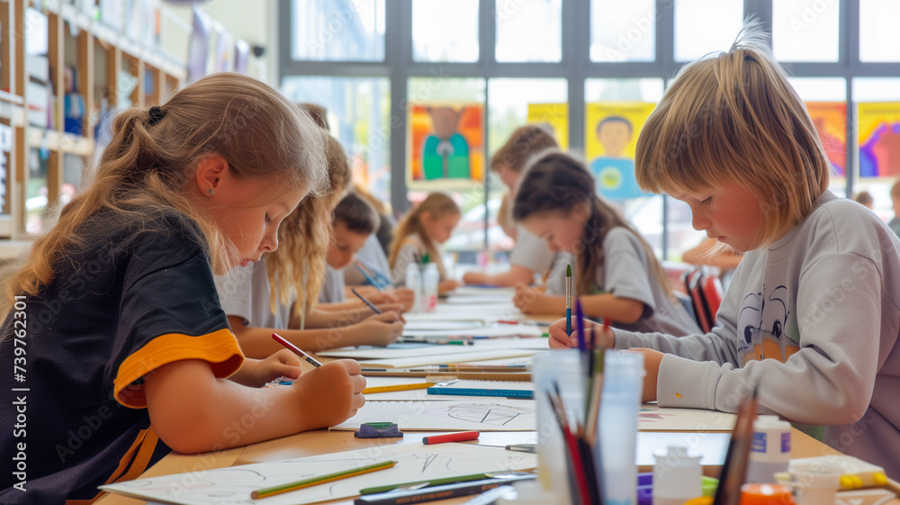 Classmates Drawing Together. Сhildren draw. Large group of elementary ...