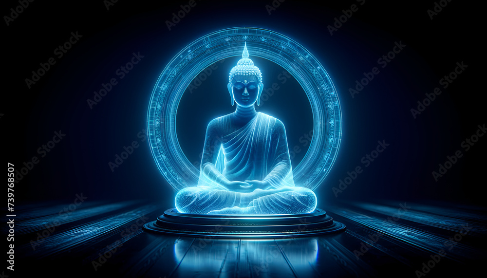 Blue neon Buddha: A holographic depiction that brings a spiritual icon ...