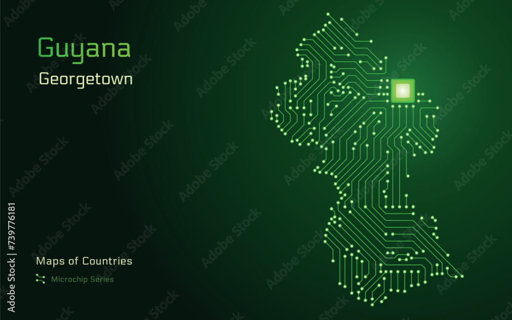 Guyana Map with a capital of Georgetown Shown in a Microchip Pattern ...