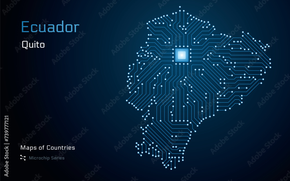 Ecuador Map with a capital of Quito Shown in a Microchip Pattern with ...