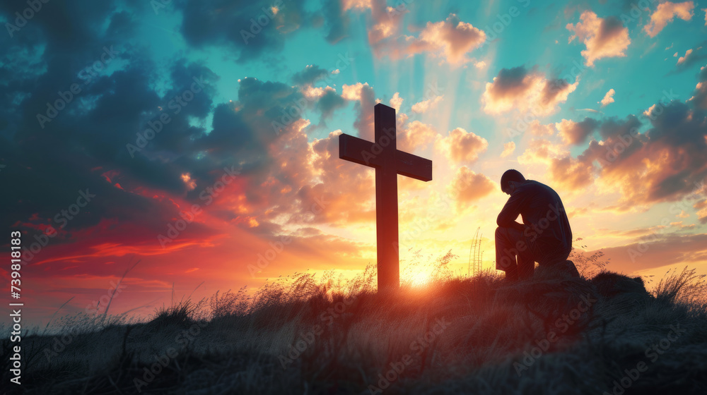 Christian man praying in front of the cross Stock Photo | Adobe Stock