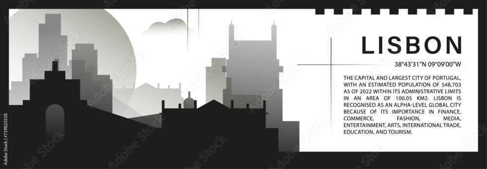 Lisbon skyline vector banner, black and white minimalistic cityscape ...