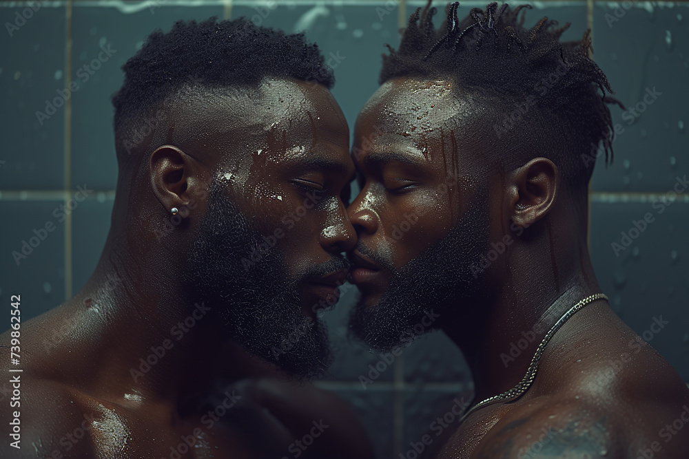 two muscular black men kissing in shower, athletic couple detailed facial features Stock Photo ...