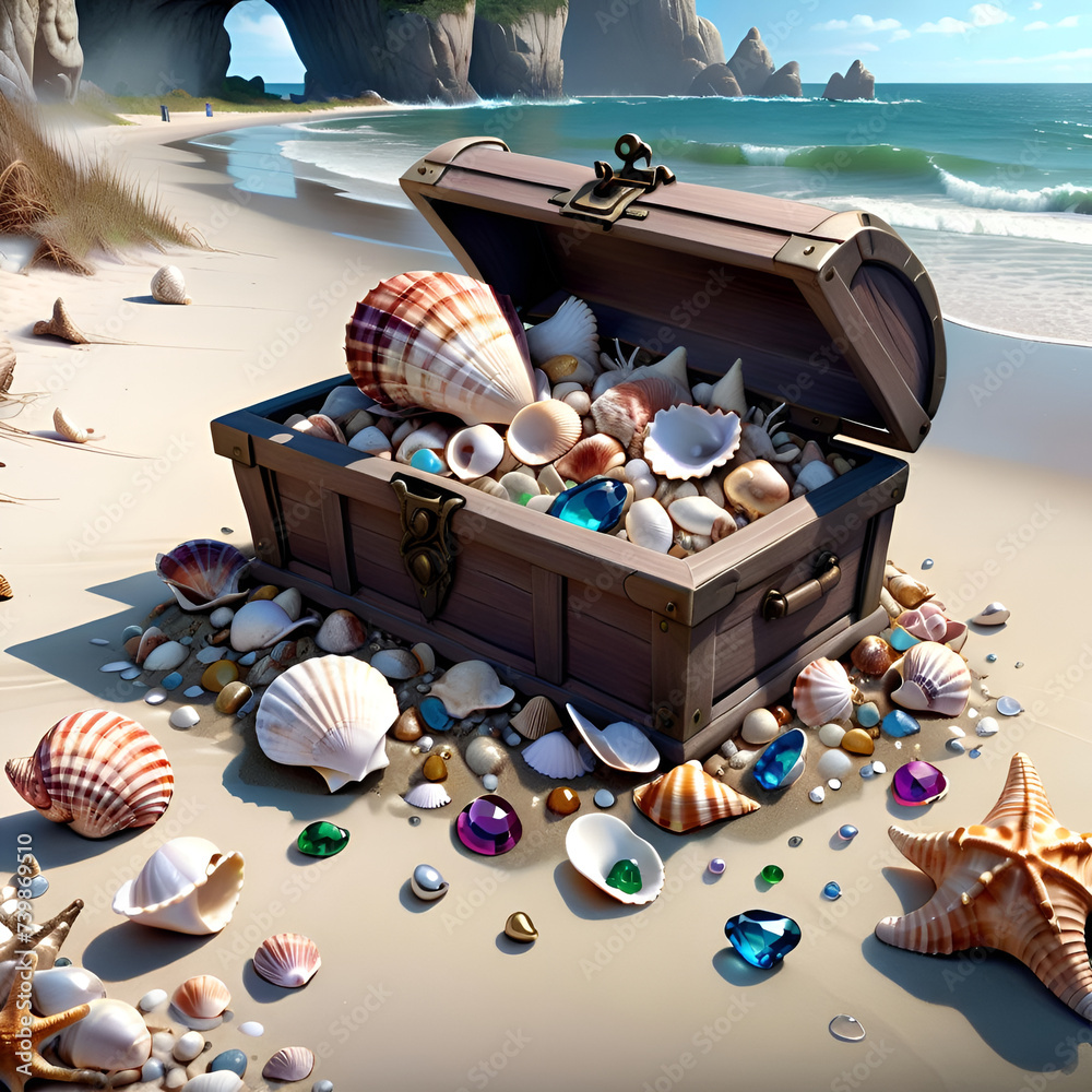 Seashells and gem stones spilling out of an old wooden treasure chest ...
