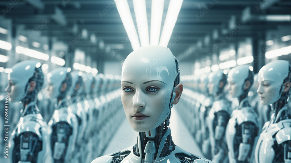 Close-up female android with identical robots behind portrait image ...