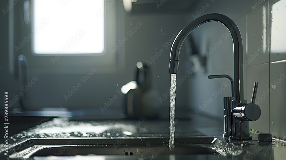 kitchen, dishwashing sink, stainless steel tap, water flow, wall, white ...