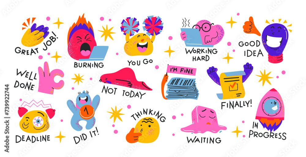 Cartoon retro stickers comic work characters. Labor, schedule, business ...