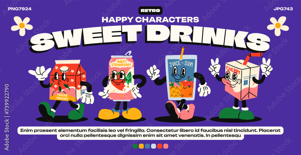 Cartoon mascot characters drinks in 90s retro groovy style. Carbonated ...