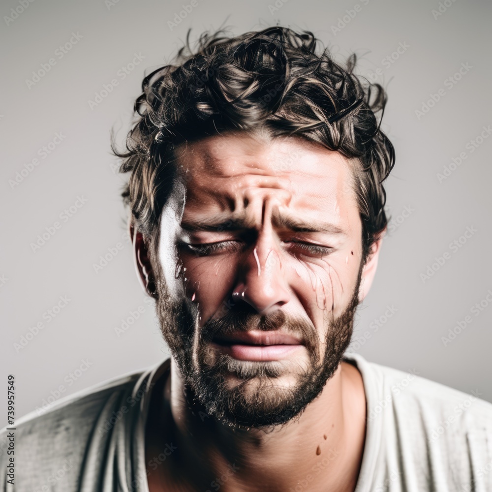 Sad desperate grieving crying man with tears eyes during trouble Stock ...