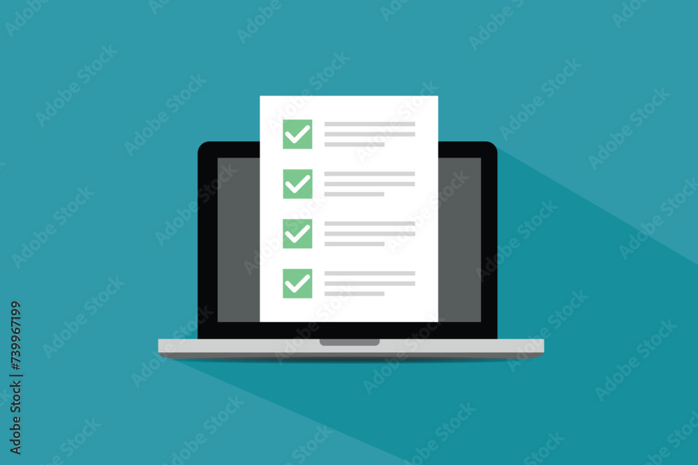 DIsplay monitor with list and checkbox and marks. Checklist browser window. Check mark. Elements ...