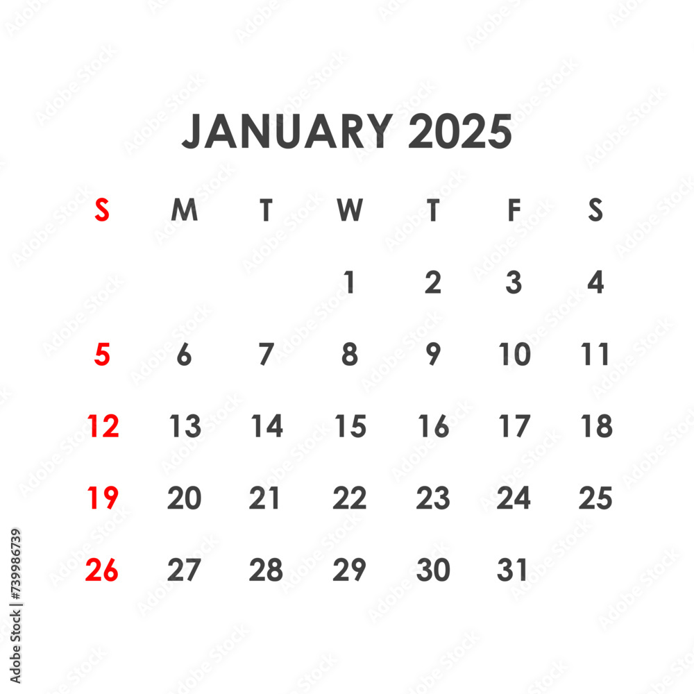 January 2025 Calendar. Week starts on Sunday. Stock Vector | Adobe Stock