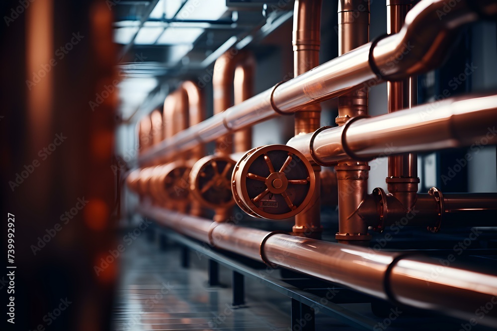 Copper pipeline representing heating system in a boiler room. Concept ...