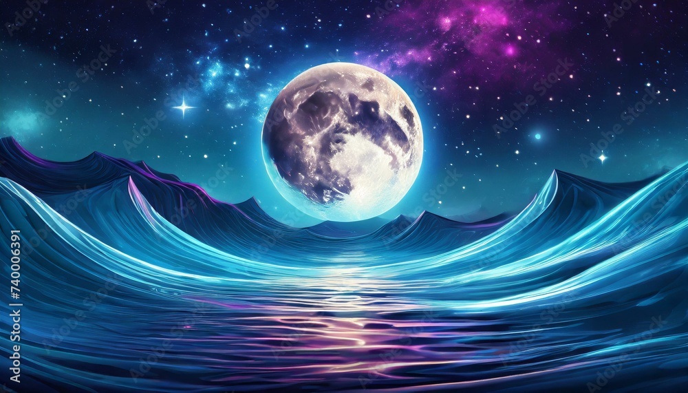 Full and New moon phases on a starry sky and water waves bright neon ...