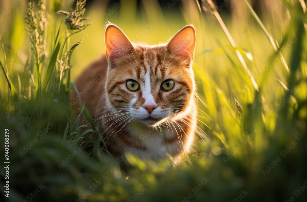 A majestic malayan cat with vibrant orange fur prowls through a lush ...