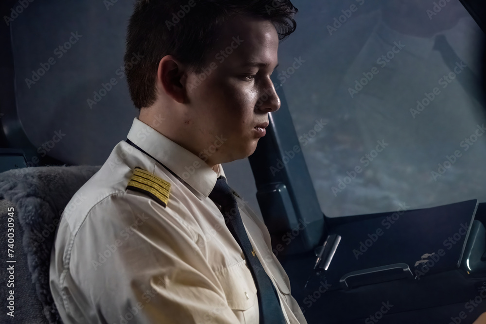 Young captain exudes air of quiet confidence during flight. Man mind ...