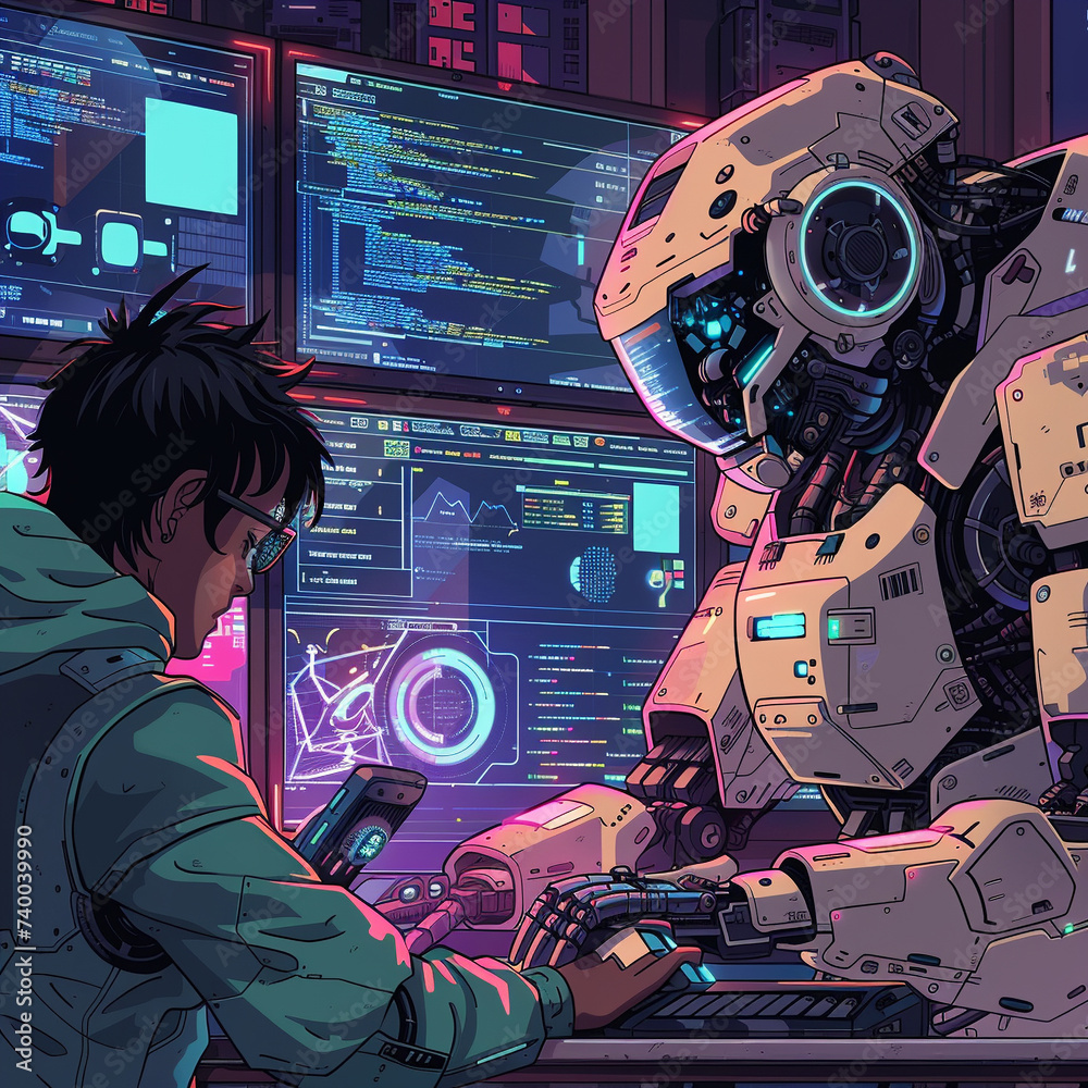 A programmer coding with a robot together they bring to life vibrant graphics on multiple ...