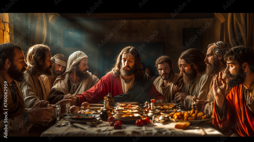 Last Supper biblical story Jesus with disciples at dinner Stock Photo ...
