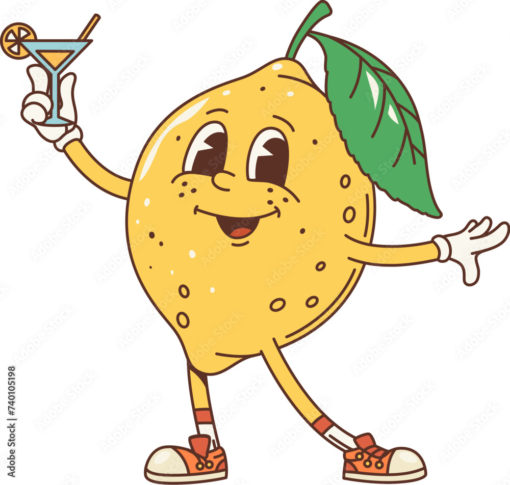Cartoon retro lemon fruit groovy character. Isolated vector comic food ...